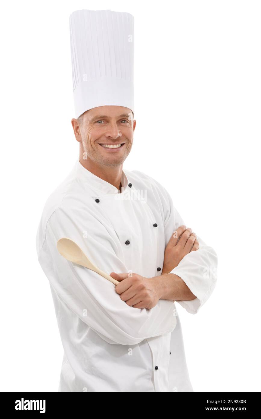 Portrait of French chef, spoon and smile with confidence, cafe owner ...