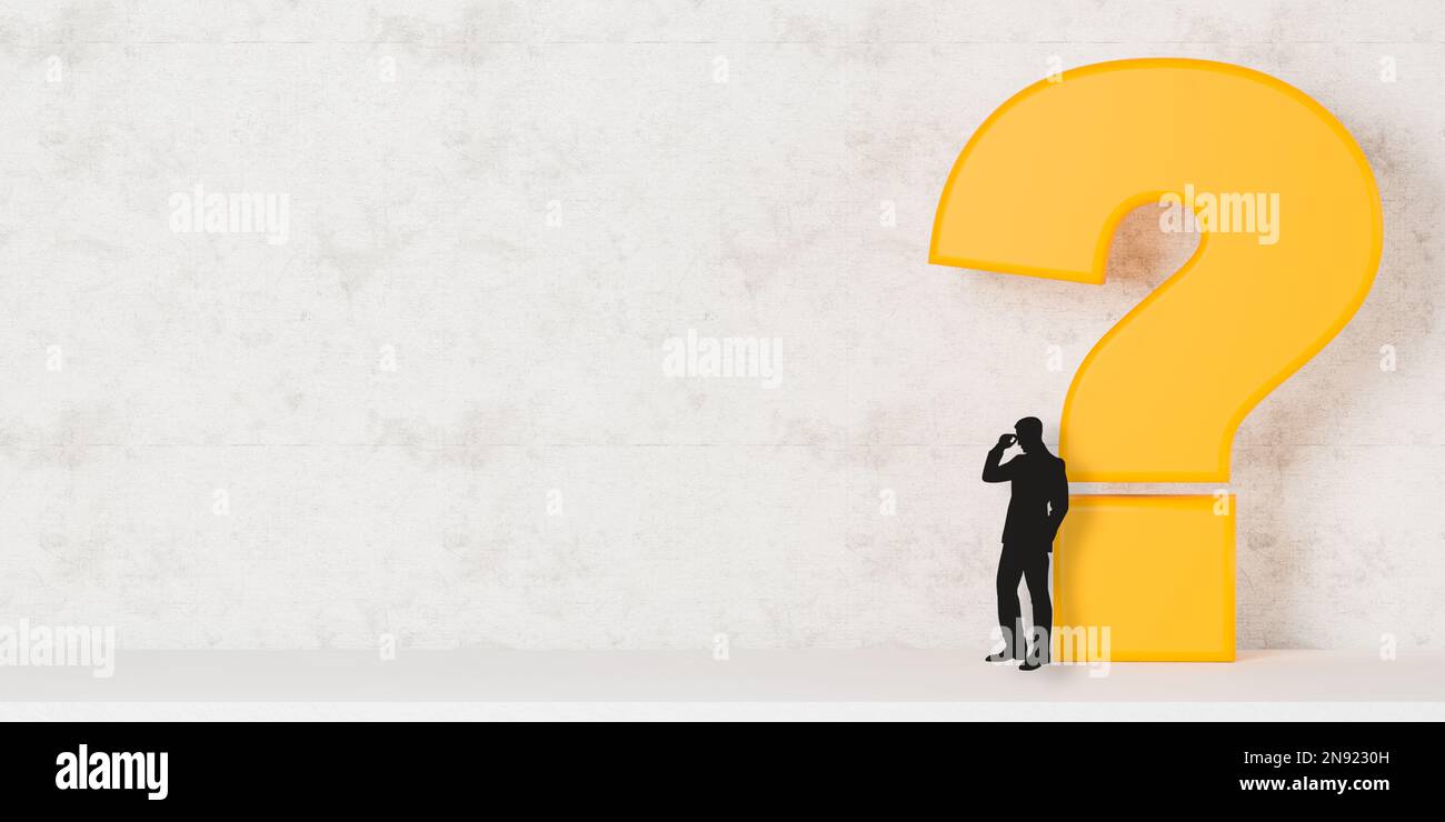 question. yellow question mark and silhouette of pensive man on white ...