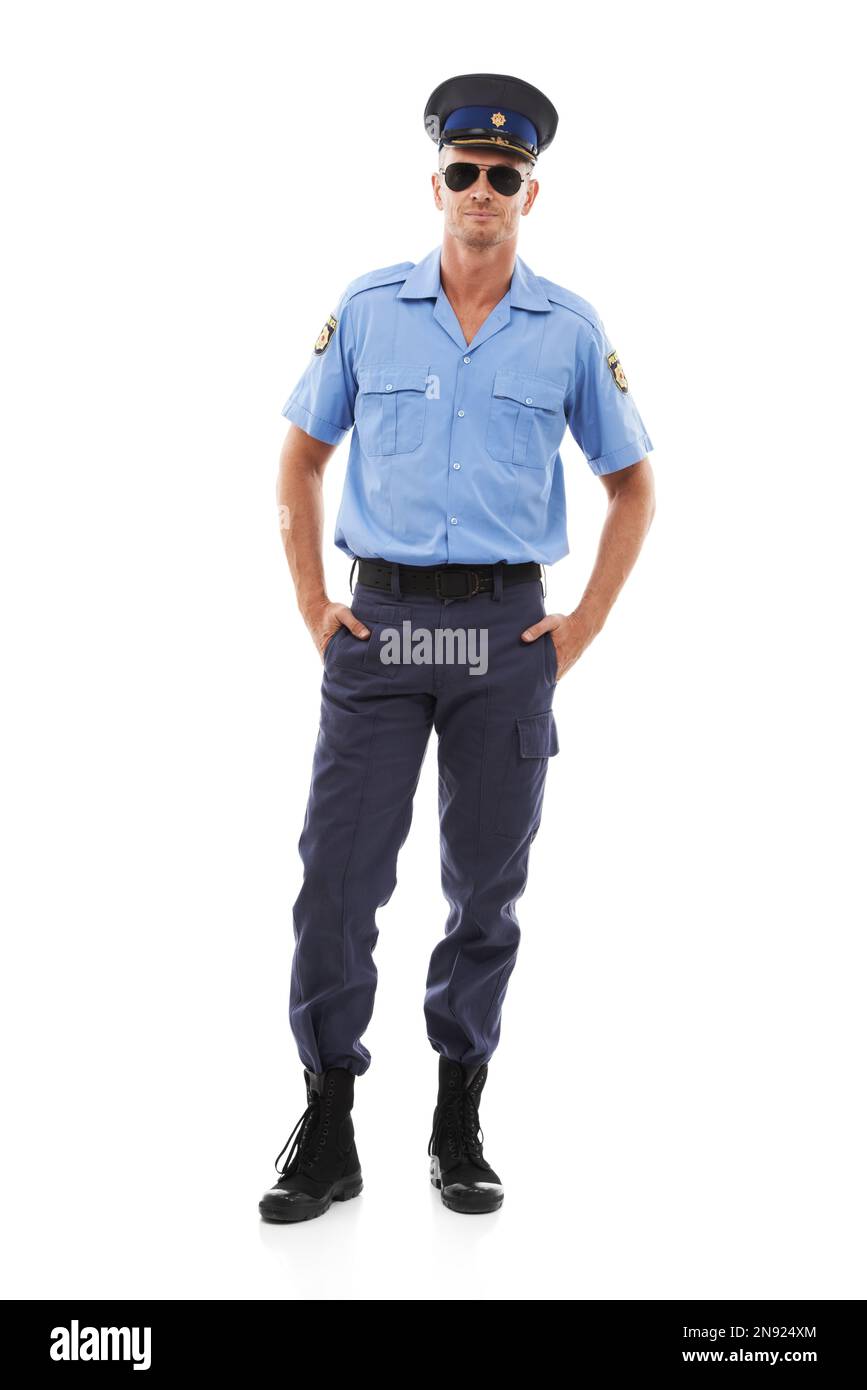 Security, crime officer and portrait of police on white background for ...