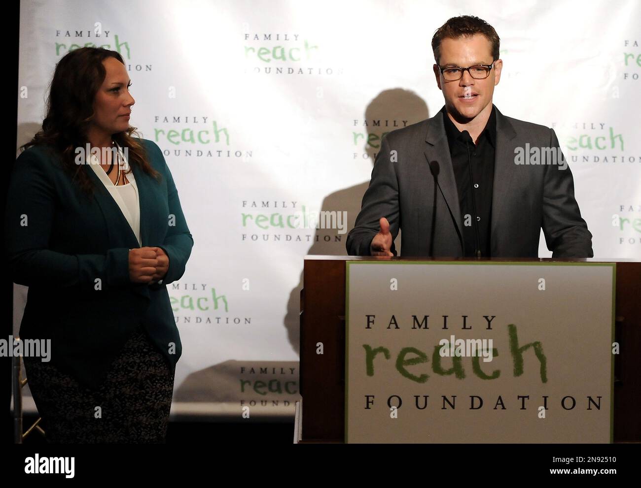 Actor Matt Damon, right, and recipient family member Raquel Rohlfing ...