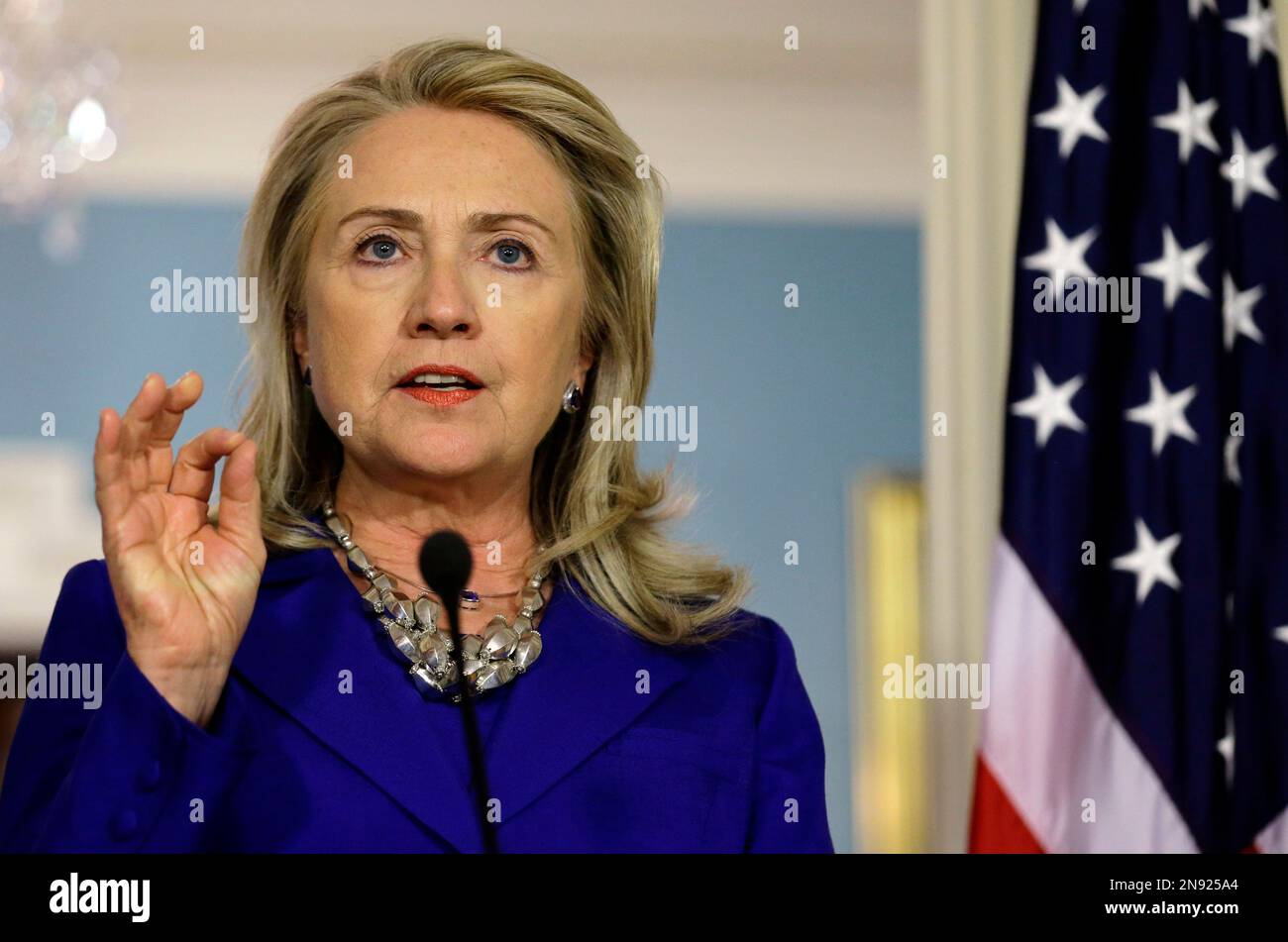 Secretary of State Hillary Rodham Clinton speaks during a availability ...