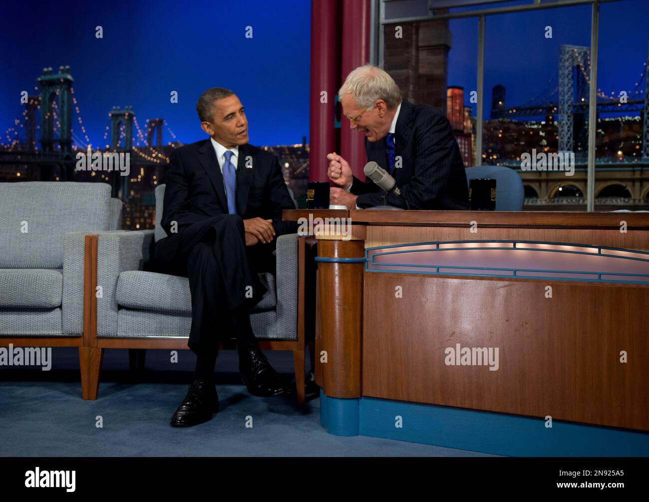 President Barack Obama talks with David Letterman on the set of "Late ...