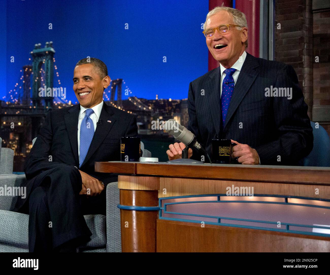 President Barack Obama sits with David Letterman on the set of the ...
