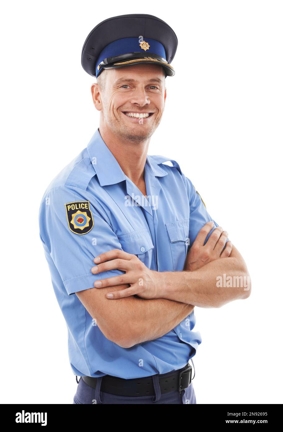 Police officer, arms crossed and man isolated on a white background for ...