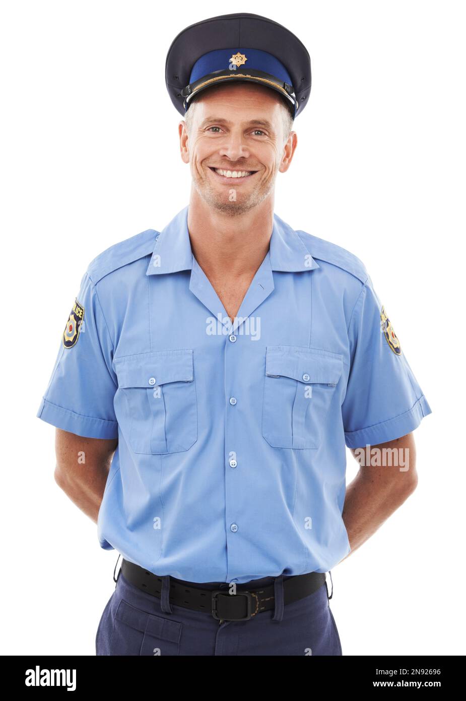 Happy police officer and man isolated on a white background for career ...