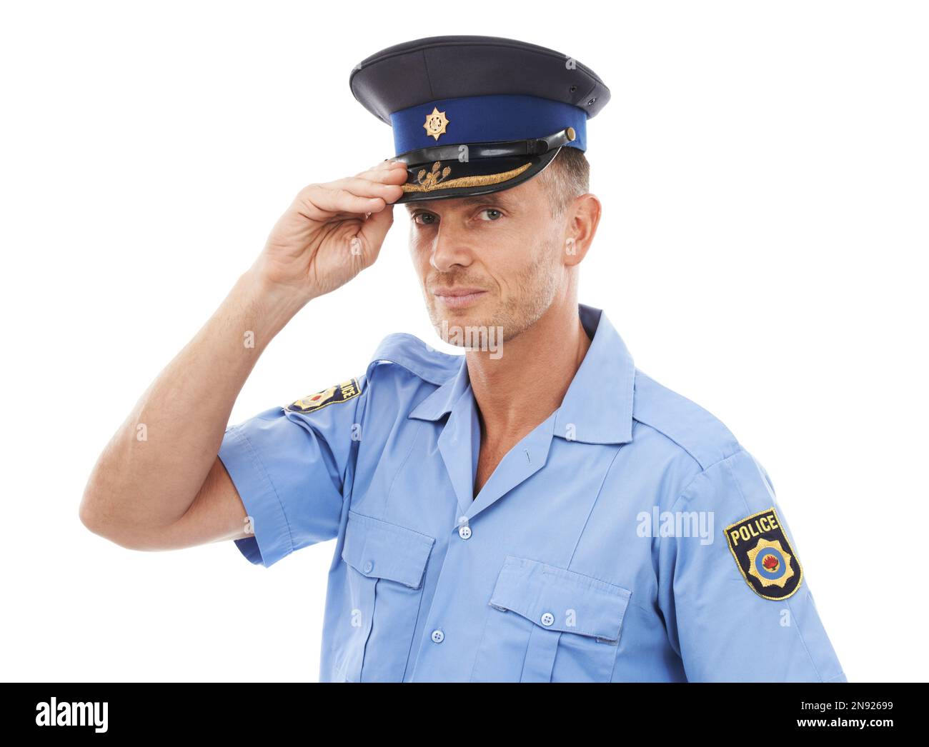 Security, cop and portrait of police on a white background for ...