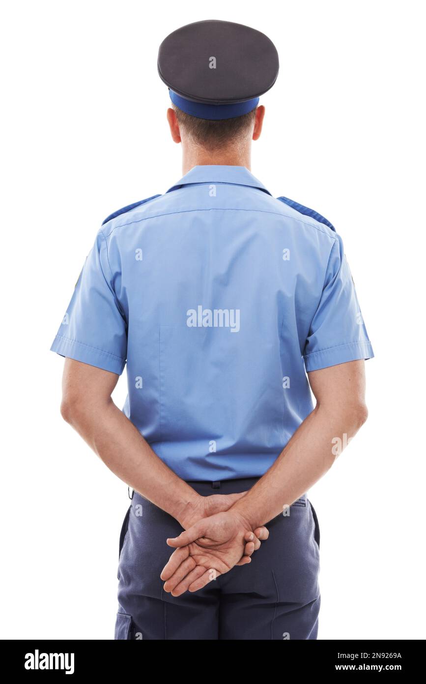 Law, police and rear view of man in studio for crime, protection and ...