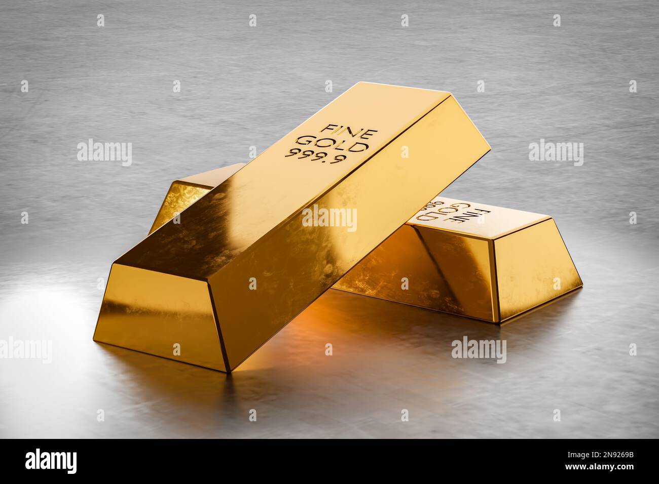 Gold. price gold on stock exchanges. Two Gold bars or bullion on grey ...