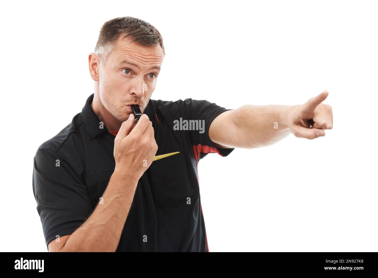 Sport, man and referee blowing whistle, pointing or gesture .in studio ...
