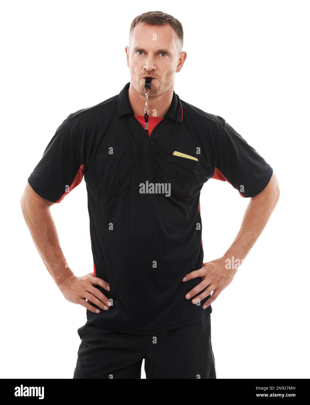 Referee man, portrait and whistle, angry with soccer foul and warning ...
