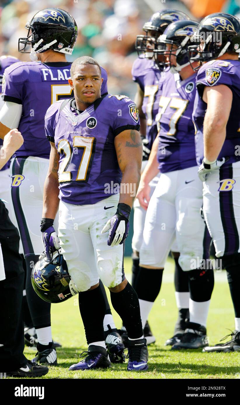 Baltimore Ravens running back Ray Rice (27) stands near the huddle with ...