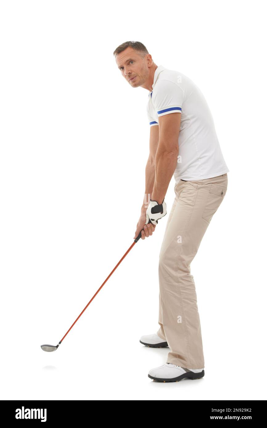 Golf man, sports and swing of club in studio isolated on a white ...