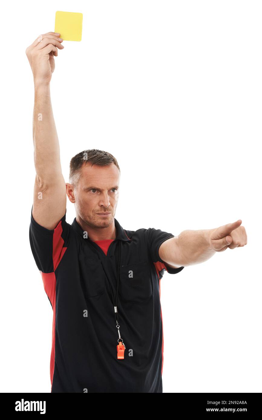 Sports referee, man and yellow card hand for warning soccer rules ...