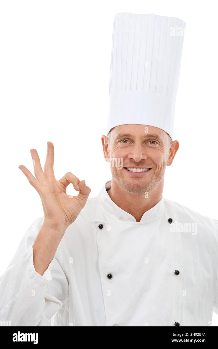 Man, chef and OK hand sign with smile for perfection, approval or ...