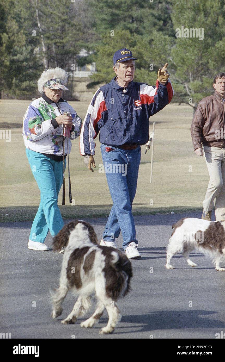 President George Bush and first lady Barbara Bush walk with their dogs ...