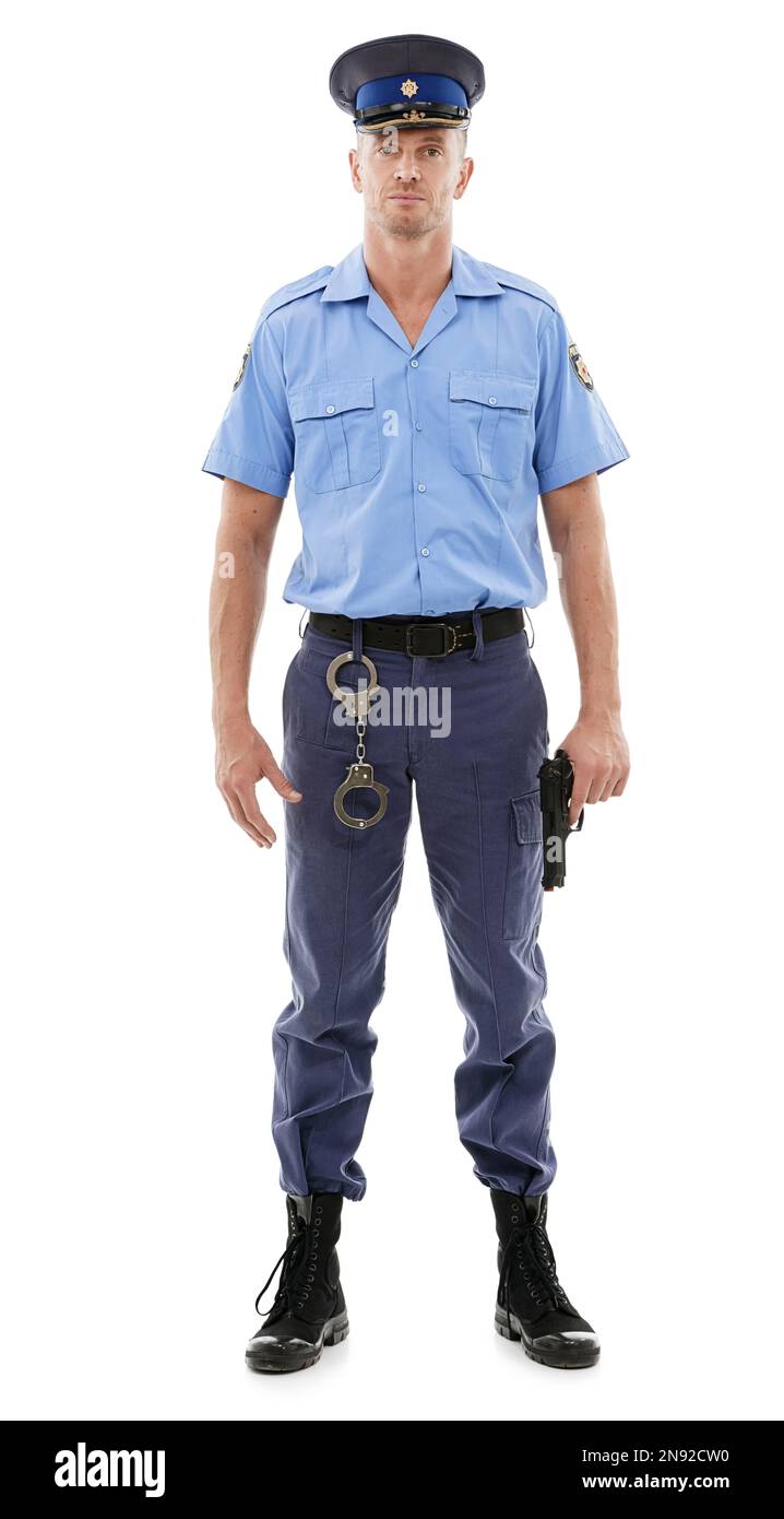 Studio man, portrait and police officer for justice law enforcement ...
