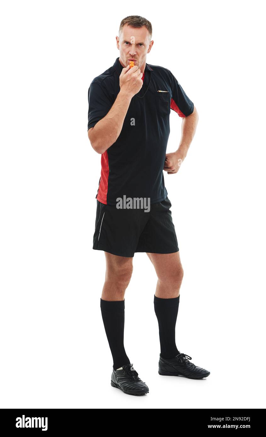Referee man, portrait and angry whistle blow, soccer foul and warning ...