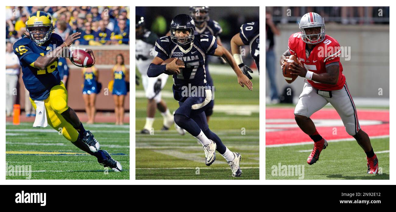FILE- This combo image made of file photos shows quarterbacks rushing ...