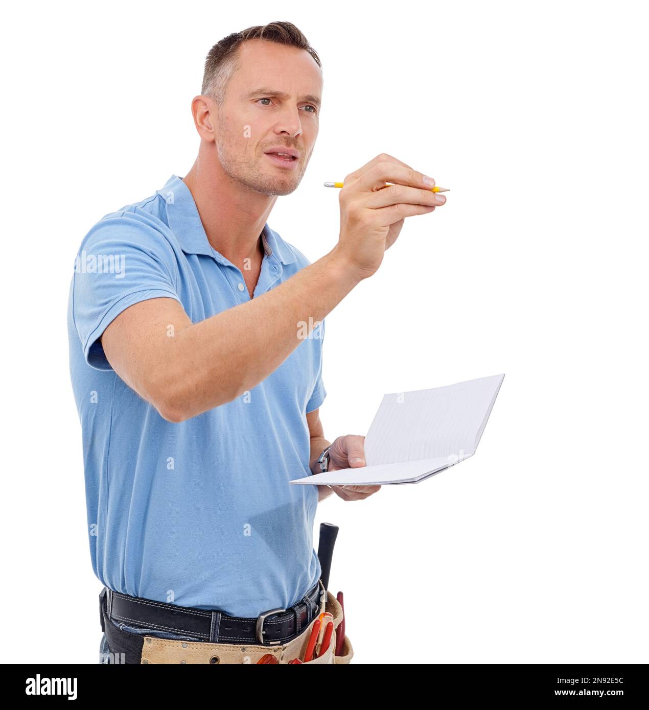 Inspection, writing and contractor man isolated on a white background ...