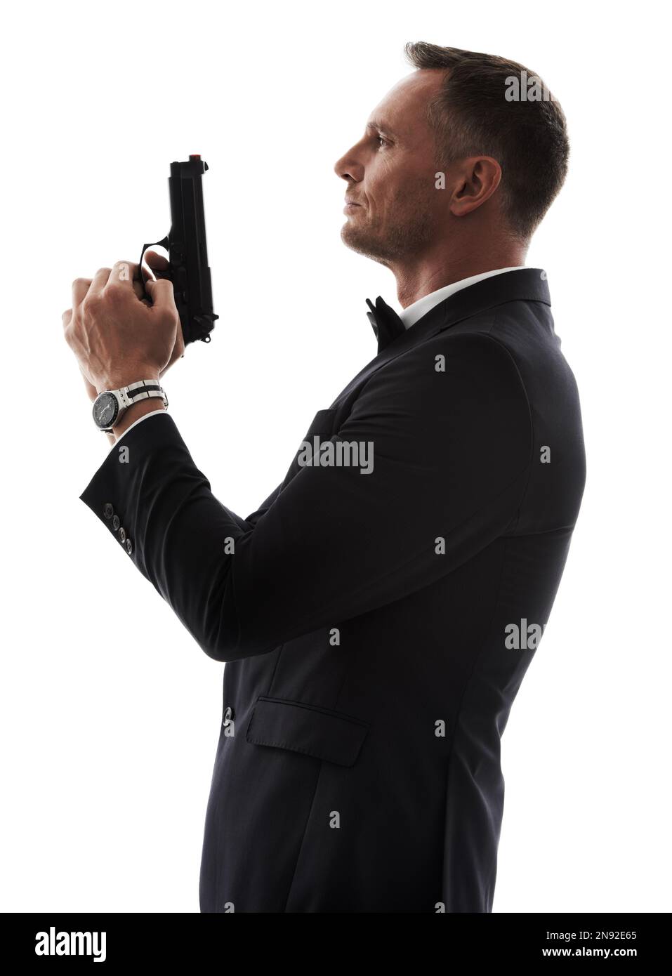 Spy man, profile and gun with suit for undercover mission, justice or ...