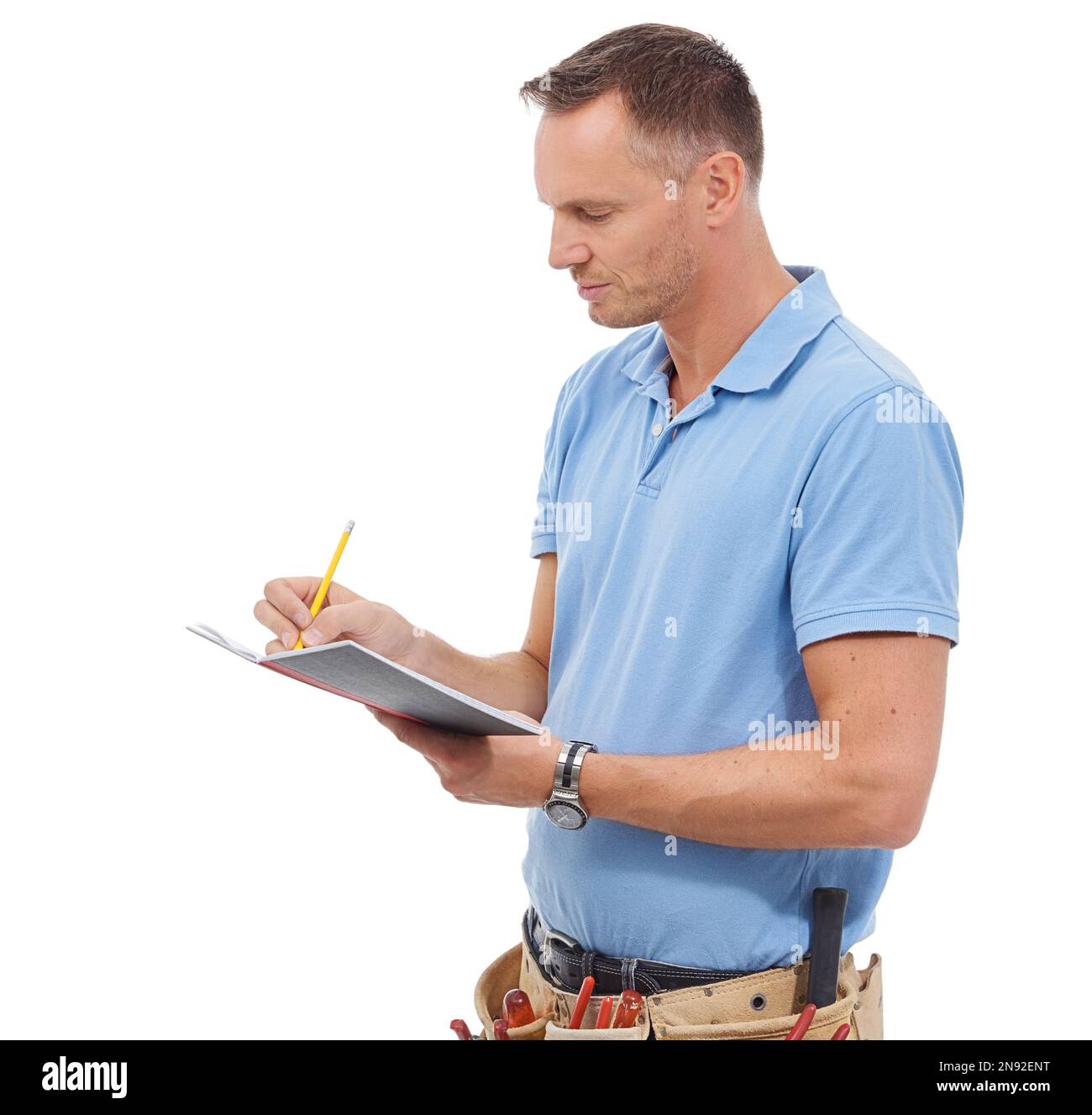 Handyman, contractor or man writing isolated on a white background with ...