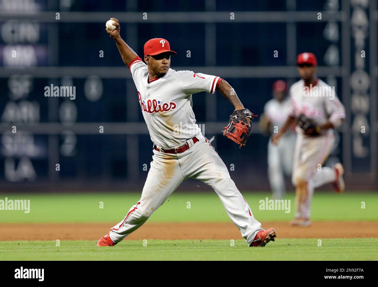 Philadelphia Phillies third baseman Michael Martinez (7) throws to ...