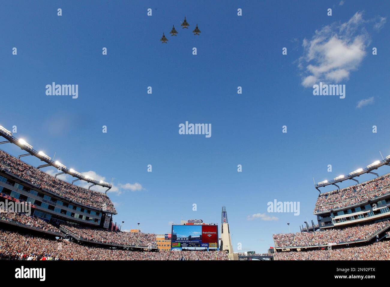 A military flyover of the New England Patriots home field before their ...