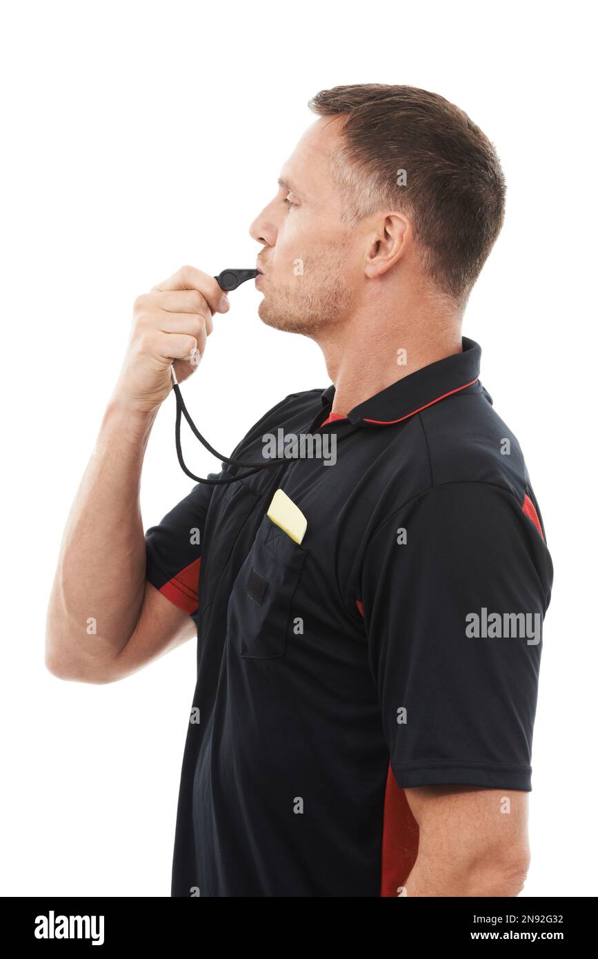 Referee man, whistle and face profile with soccer foul and warning in ...