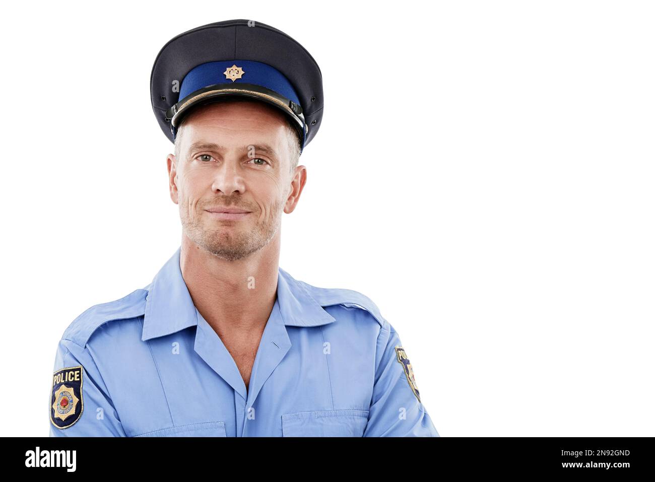 Security, safety and portrait of police with smile on white background ...
