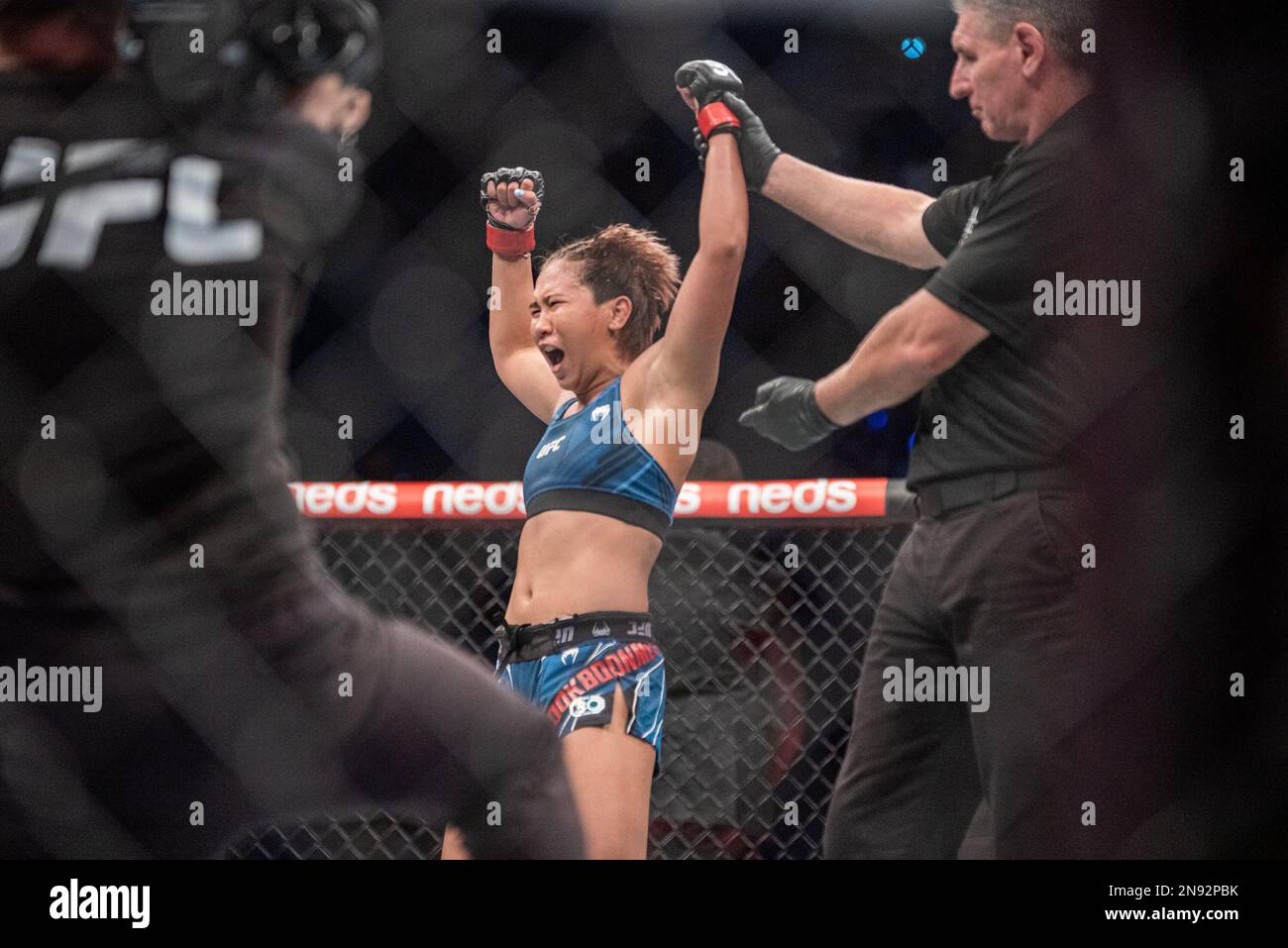 PERTH, AUSTRALIA - FEBRUARY 12: Loma Lookboonme celebrates her victory ...