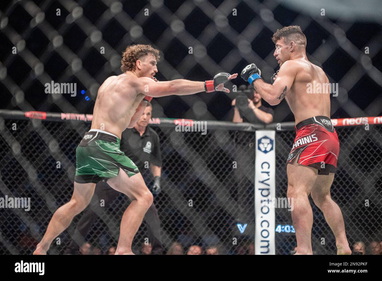 PERTH, AUSTRALIA - FEBRUARY 12: (L-R) Jack Jenkins battles Don Shainis ...