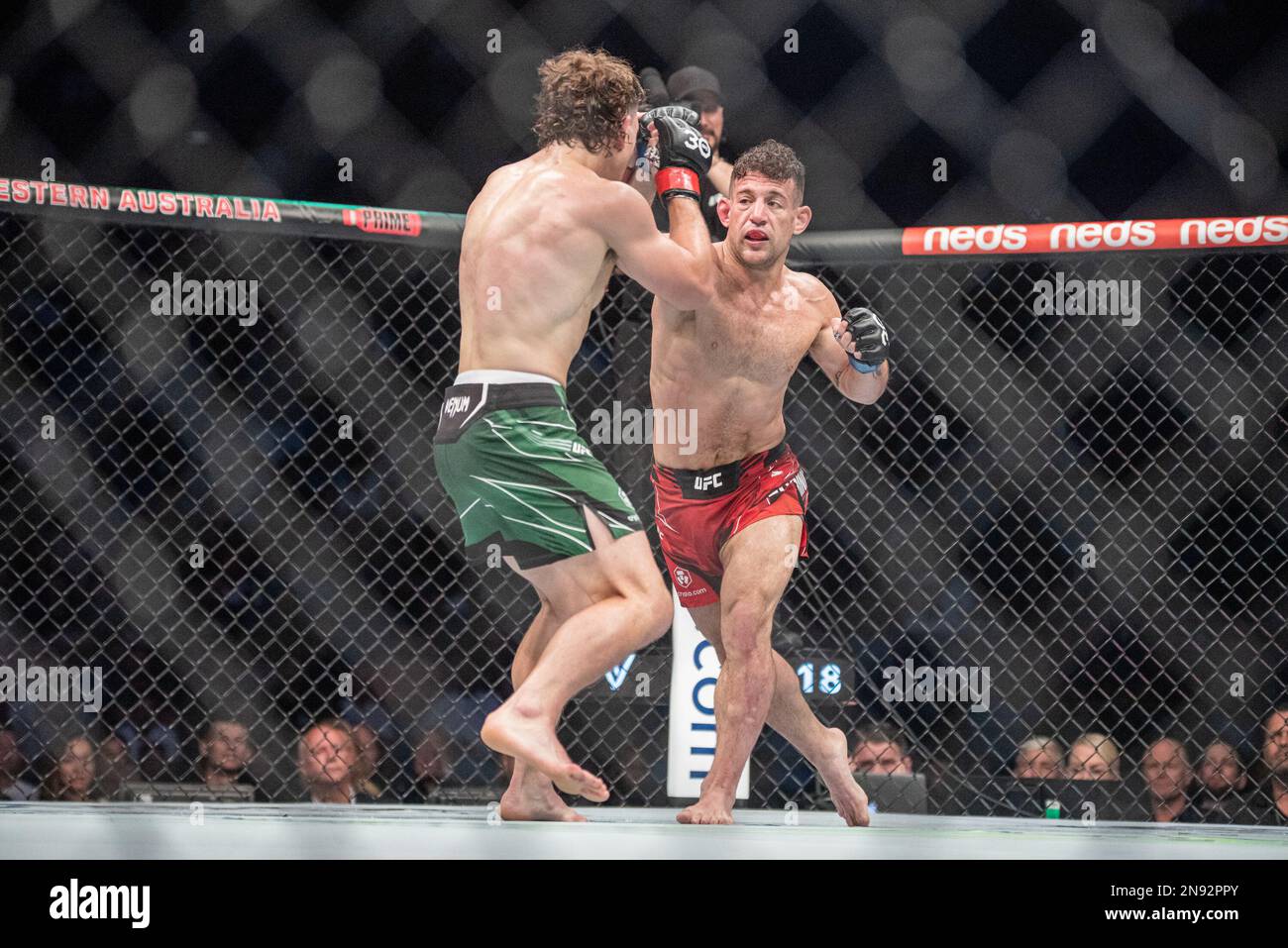 PERTH, AUSTRALIA - FEBRUARY 12: (R-L) Don Shainis punches Jack Jenkins ...
