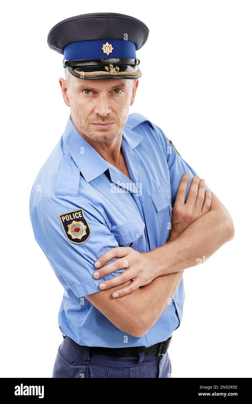 Safety, security and portrait of police with crossed arms on white ...