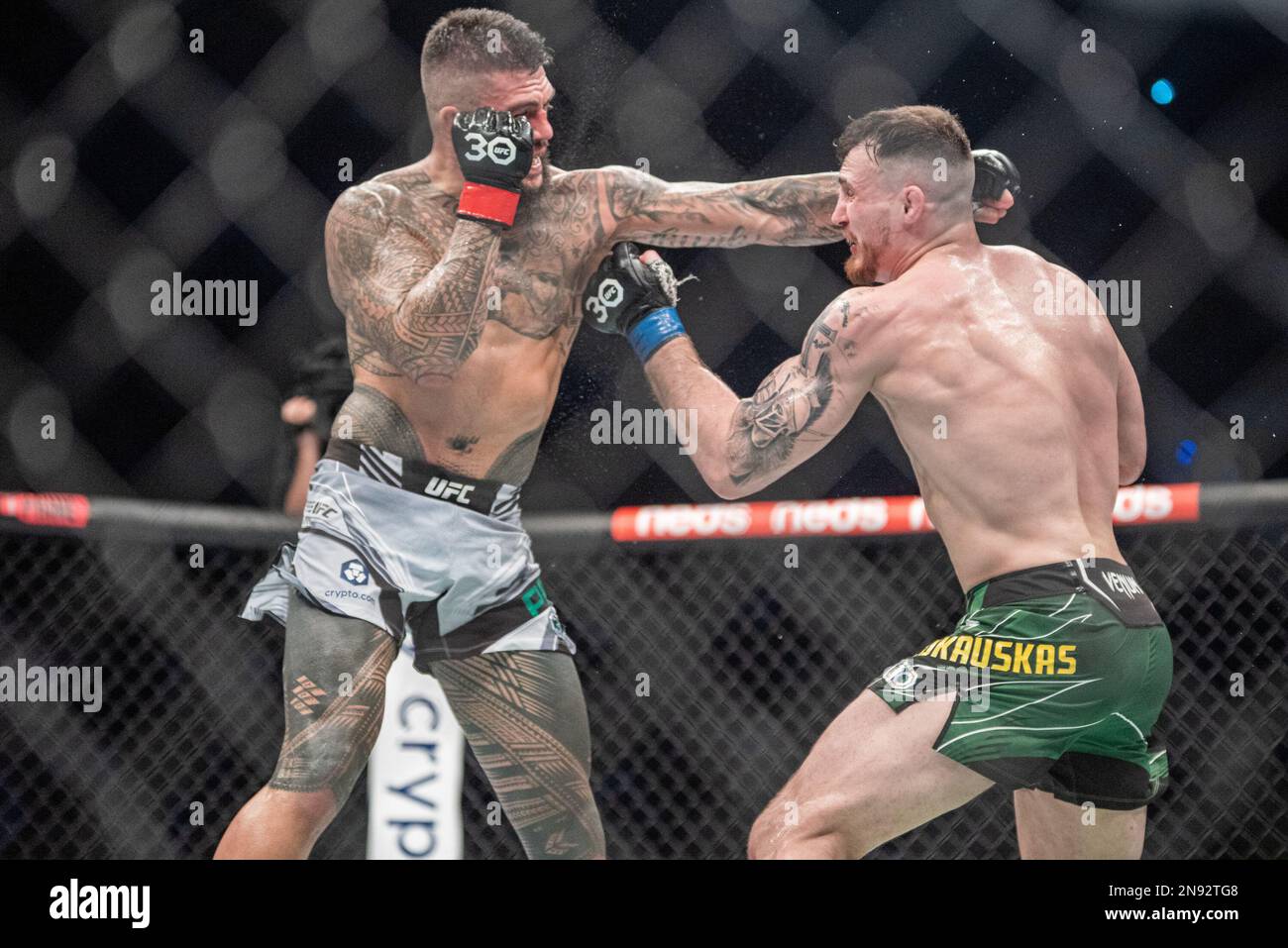 PERTH, AUSTRALIA - FEBRUARY 12: (L-R) Tyson Pedro punches Modestas ...