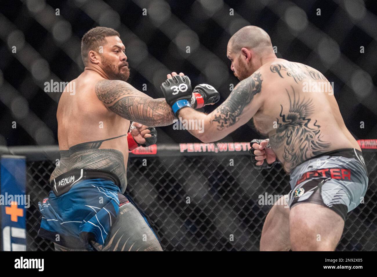 PERTH, AUSTRALIA - FEBRUARY 12: (L-R) Justin Tafa battles Parker Porter ...