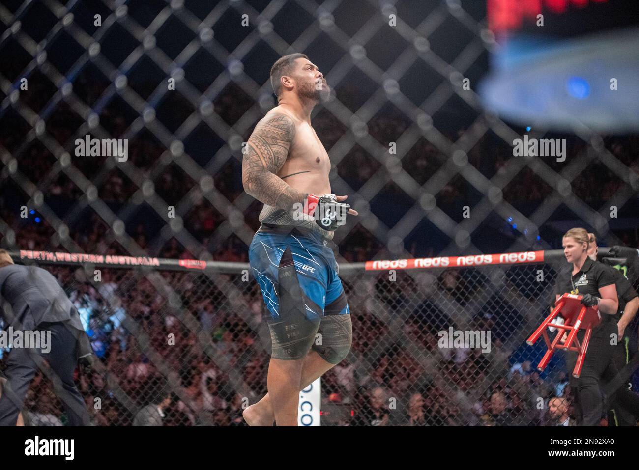 PERTH, AUSTRALIA - FEBRUARY 12: Justin Tafa celebrates his victory over ...