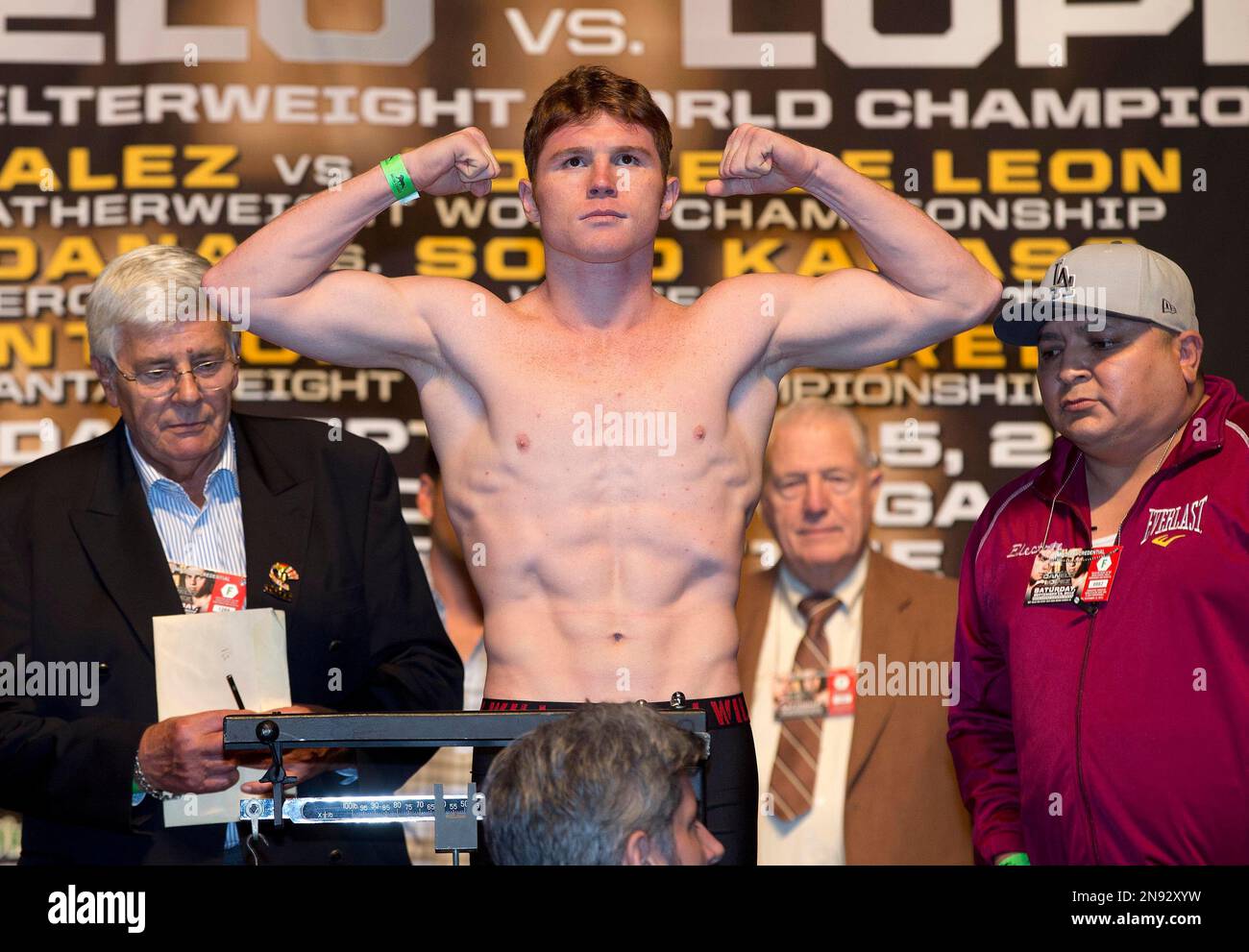 Canelo Alvarez poses for photos after weighing in Friday, Sept. 14, 2012, for Saturdays WBC ...