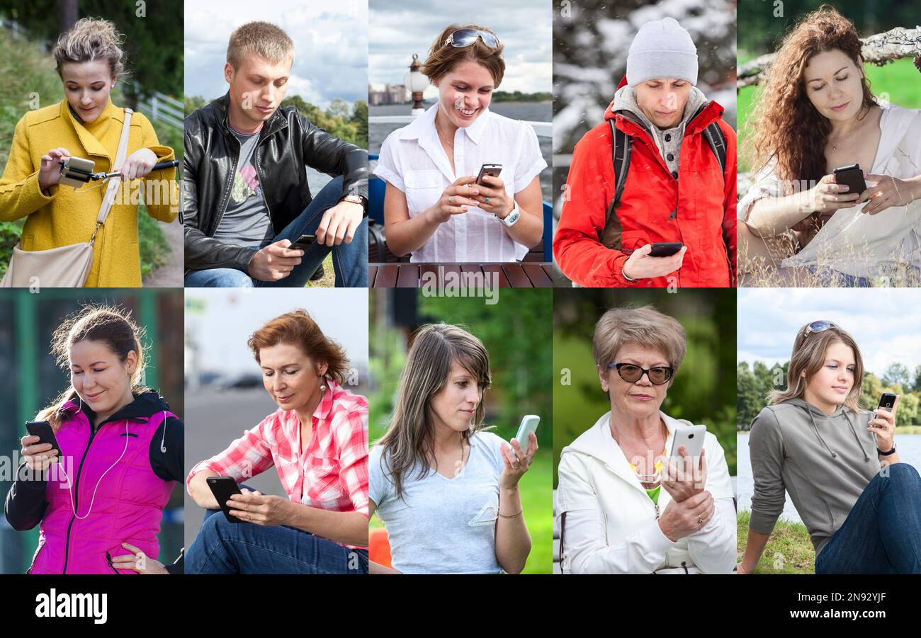 Portraits of people fascinated by viewing different information on the ...