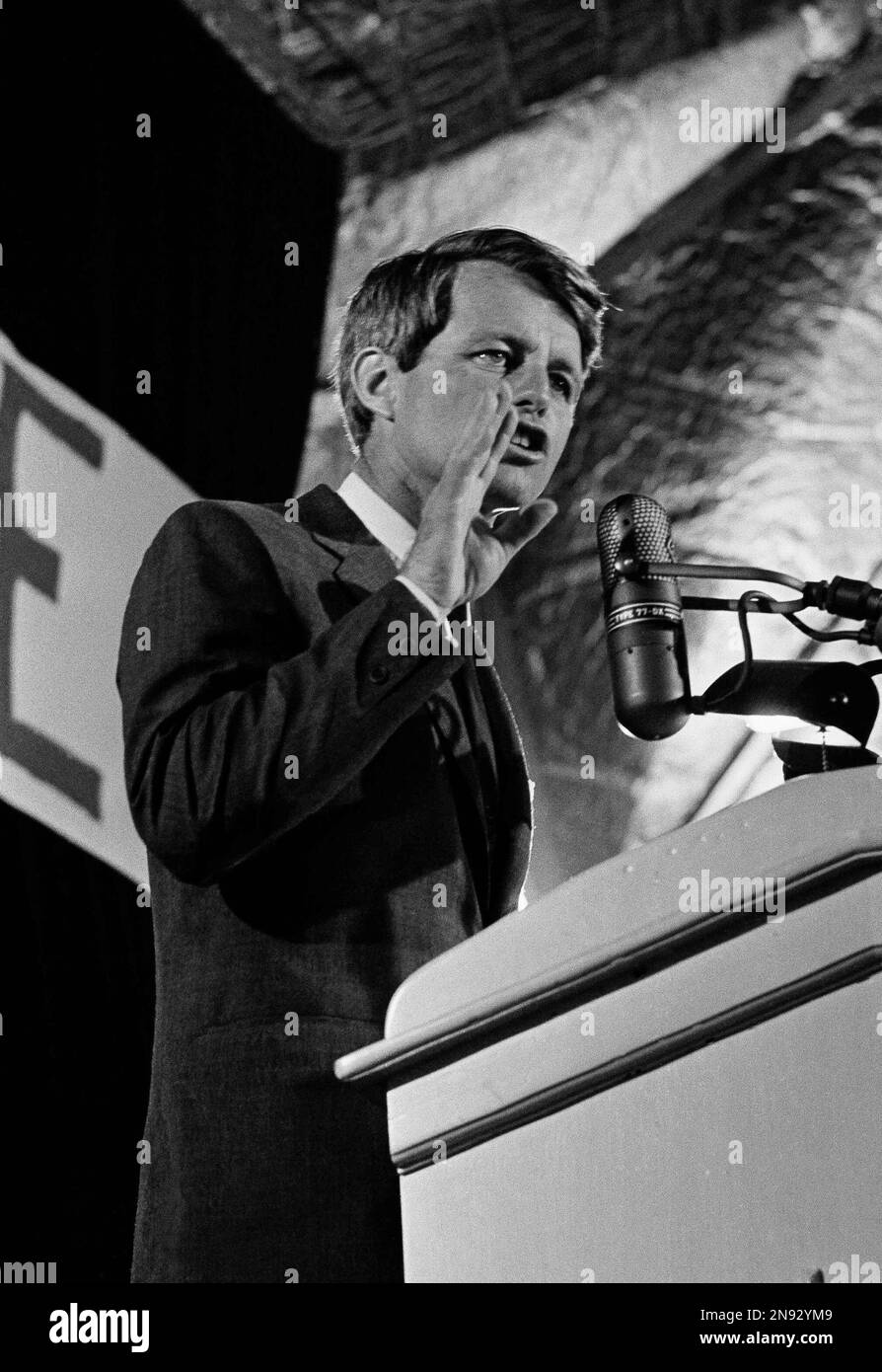 Senator Bobby Kennedy stresses a point during his talk to University of ...