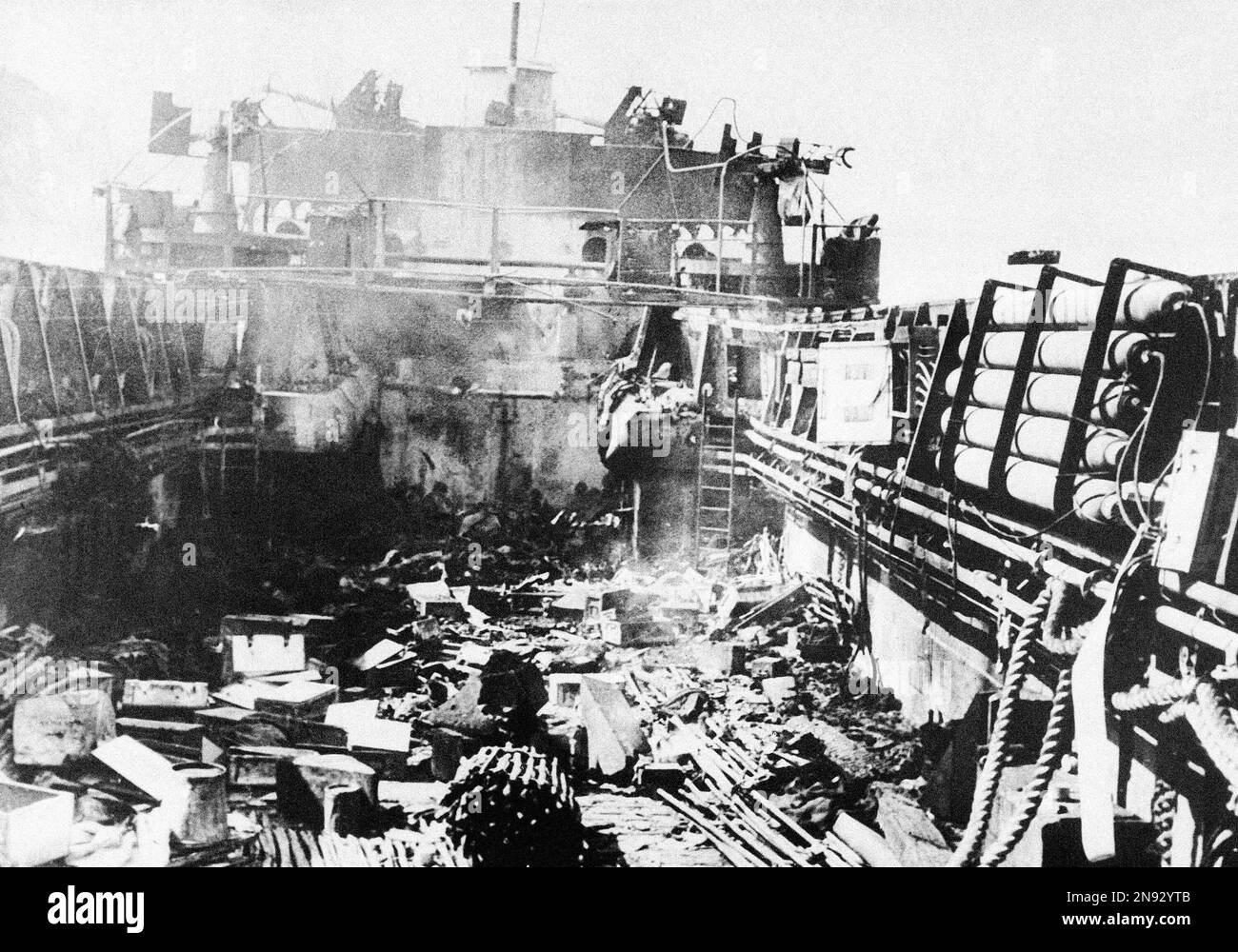 The interior of a battle-scarred tank landing craft left on the beach ...