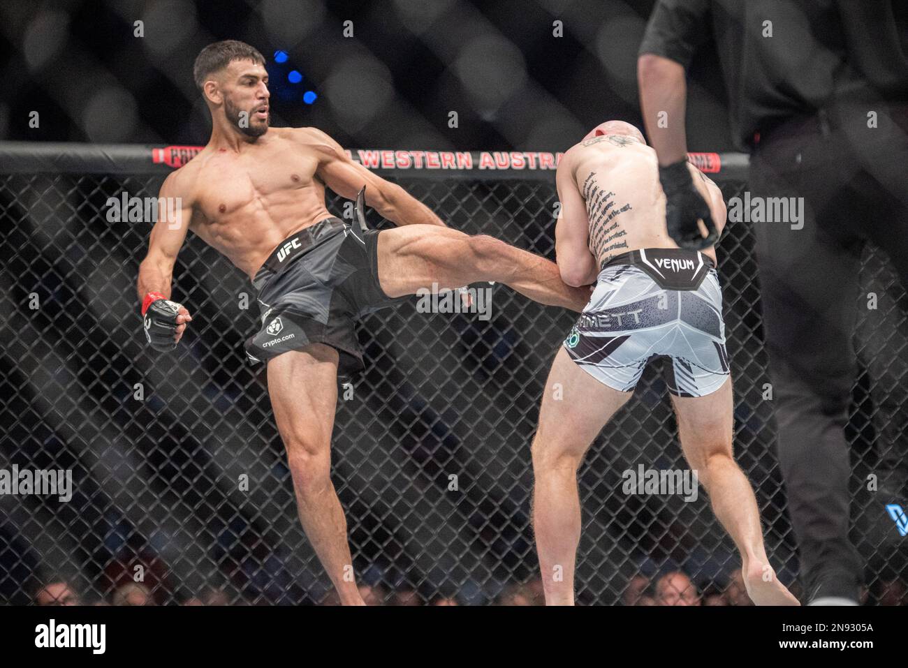 PERTH, AUSTRALIA - FEBRUARY 12: (L-R) Yair Rodriguez kicks Josh Emmett ...