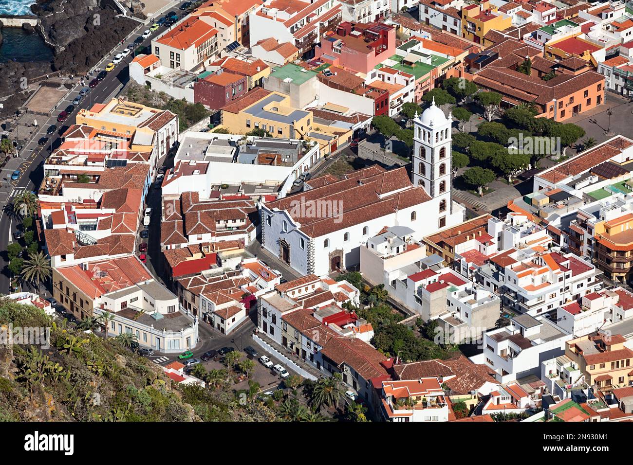 Roofs of buildings of historical town of Garachico. Belltower of the ...
