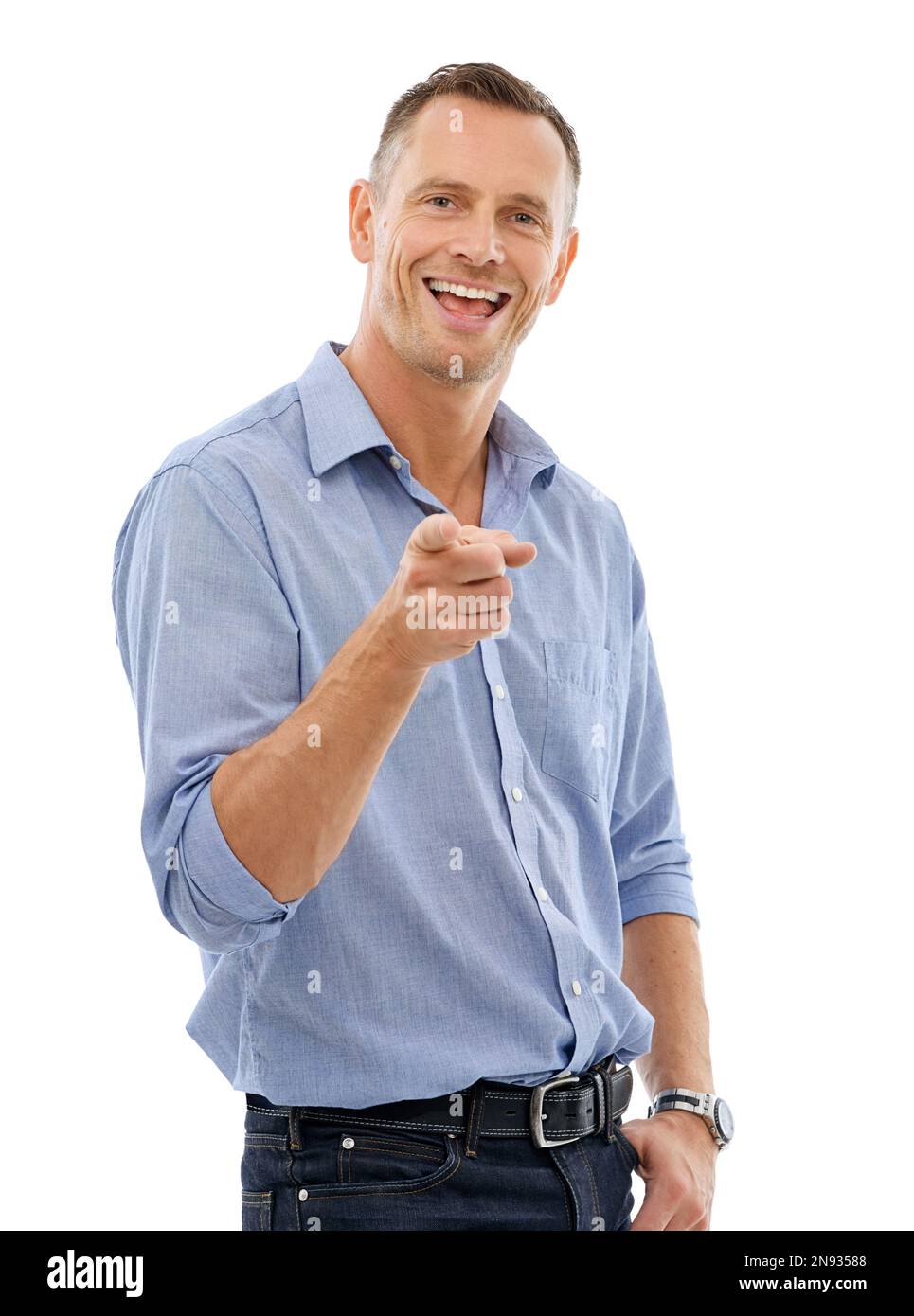 Comic, confident and portrait of a man pointing for comedy isolated on ...