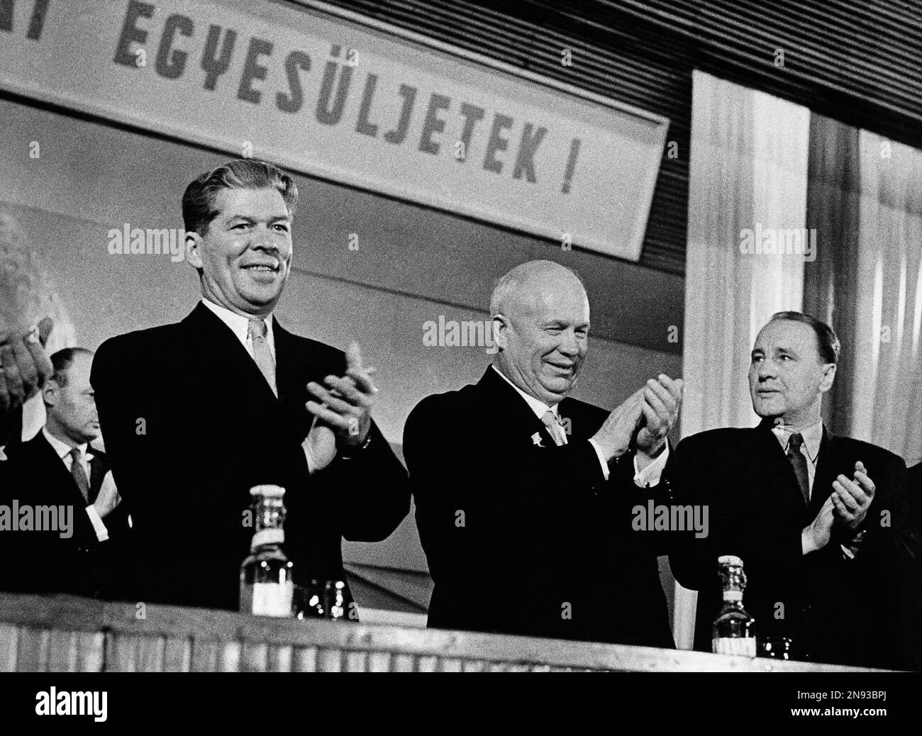 Soviet Premier Nikita Khrushchev, center, Hungarian Communist Party ...