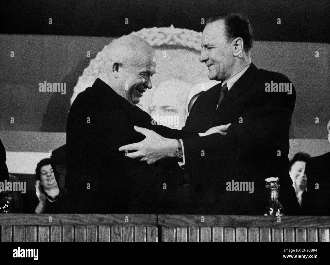 Janos Kadar (right), Chief of the Hungarian Communist Party embraces ...