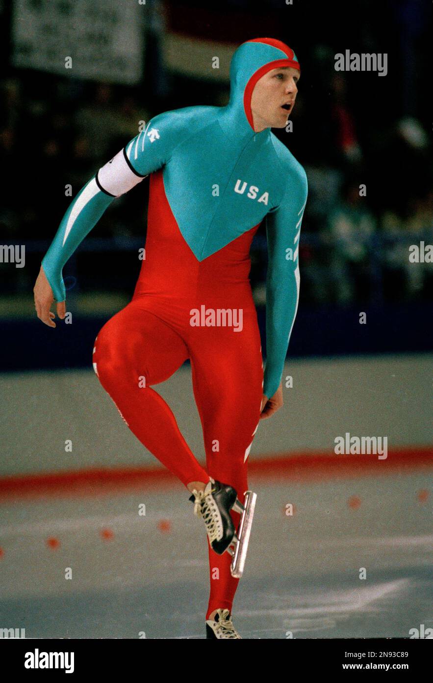 World Sprint Champion Dan Jansen of U.S.A. puts his hand to his head ...