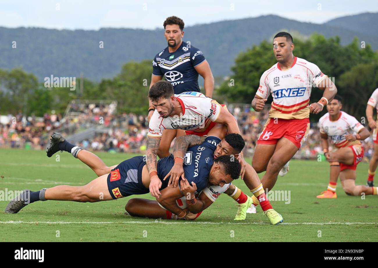 Robert Derby of the Cowboys scores a try during the NRL Pre-Season ...
