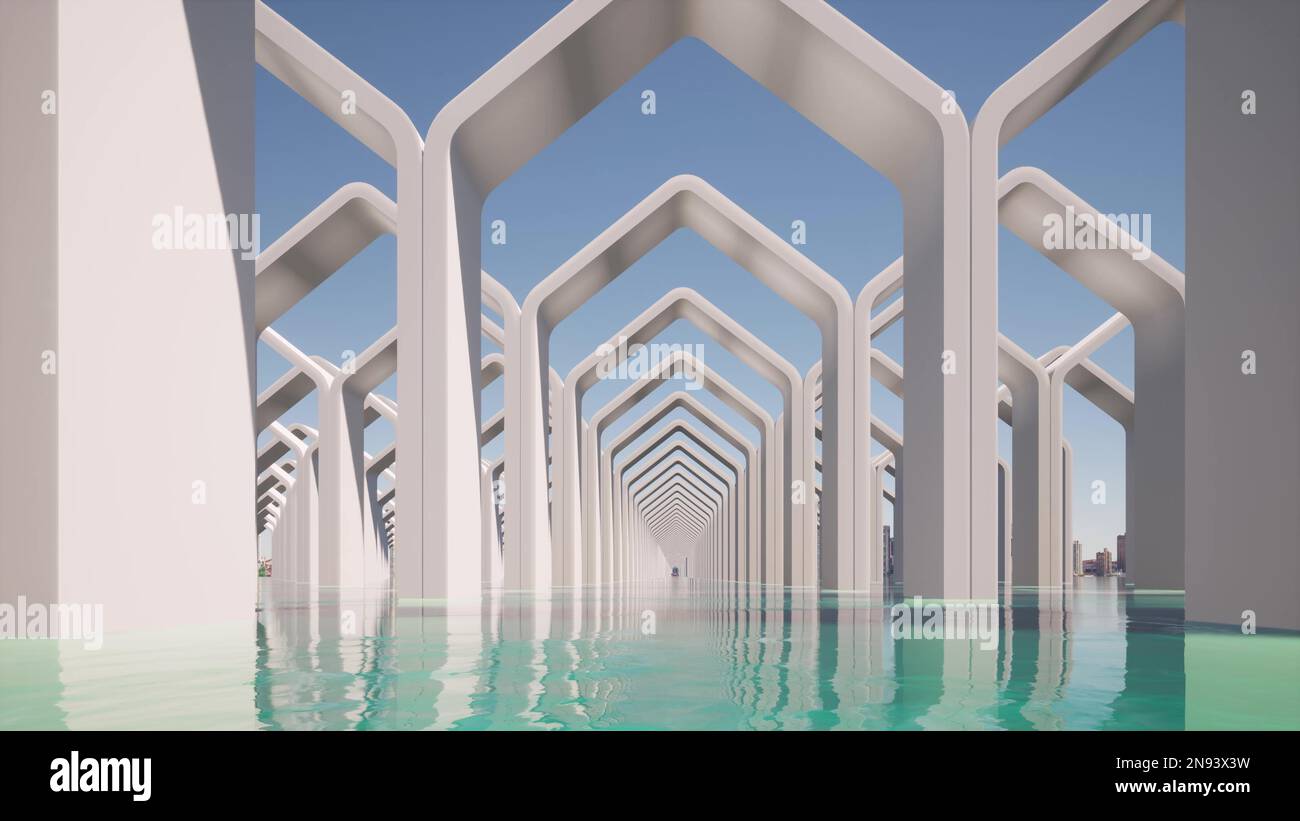 White architecture on the ocean 3d render Stock Photo - Alamy