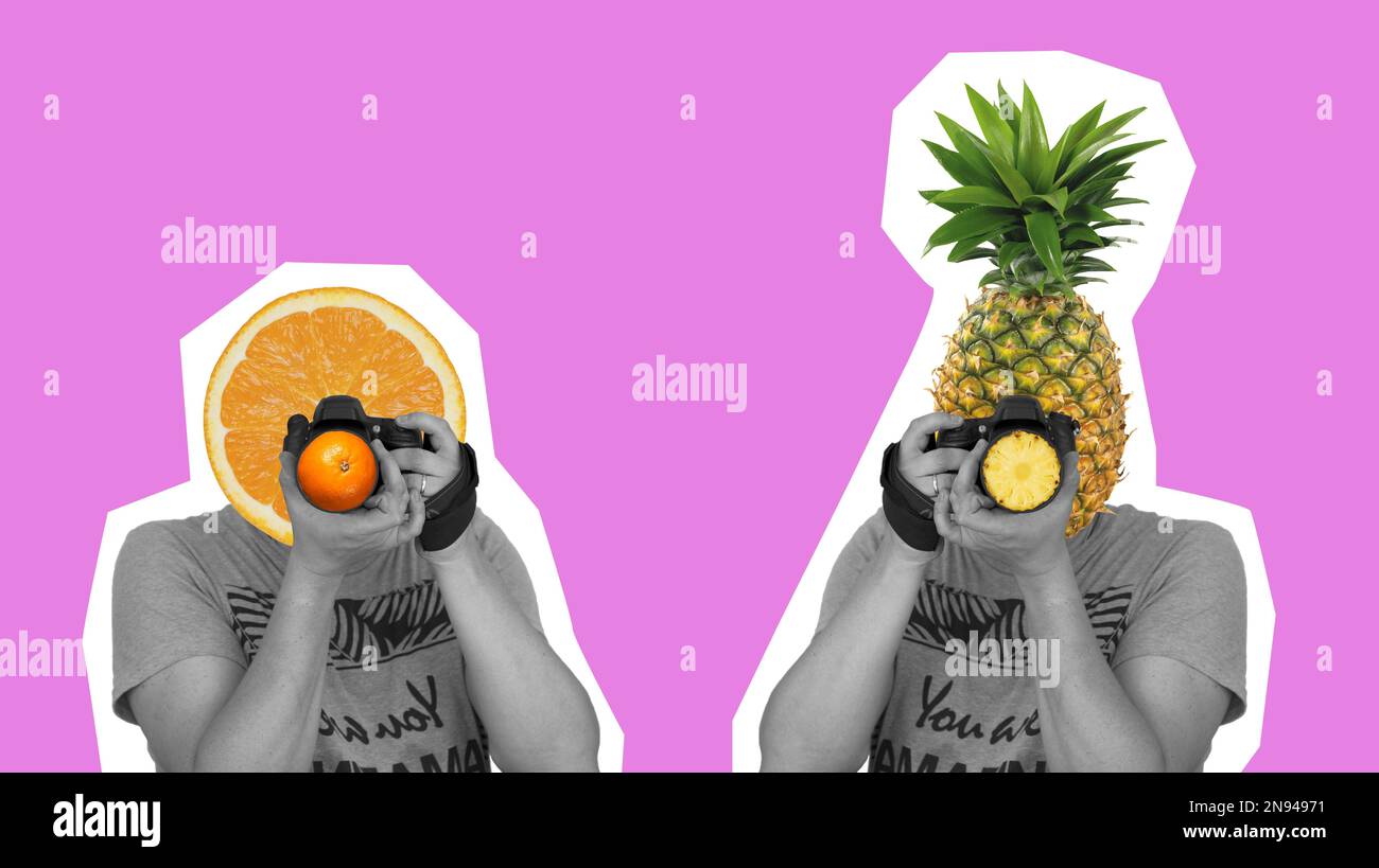 Art collage with photographer and orange and pineapple fruit. Art ...