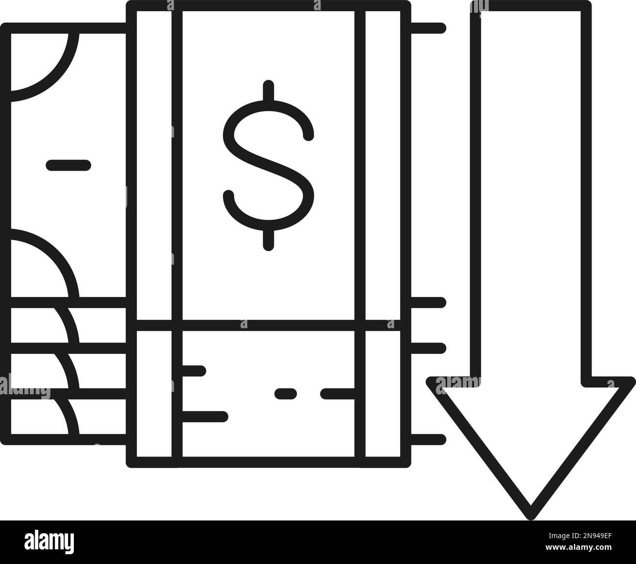 Pile of money banknotes with down arrow, money interest rate reduction ...